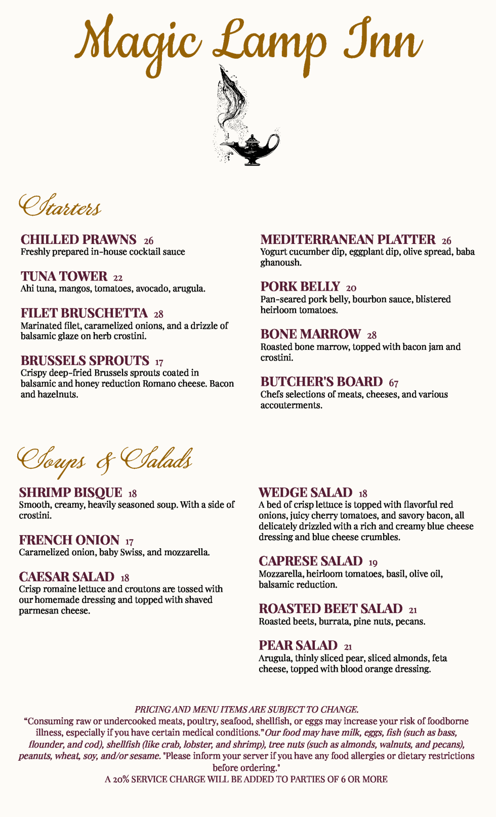 Menu | Magic Lamp Inn | Steakhouse & Fine Dining Re-Opening Soon